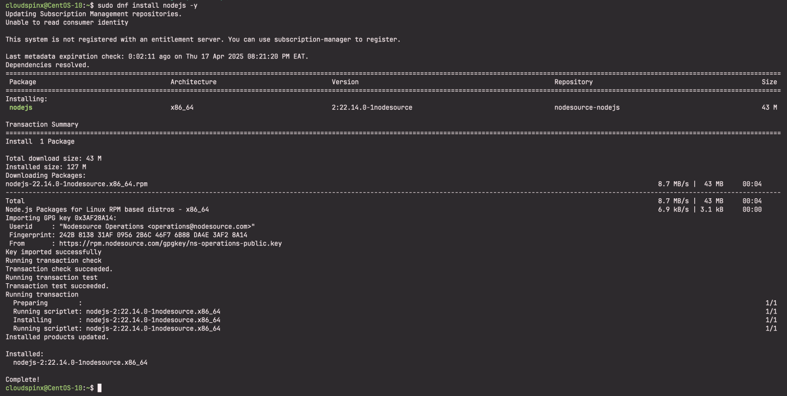 How To Install Node.js 22 LTS on CentOS Stream 10 | 9 - CloudSpinx